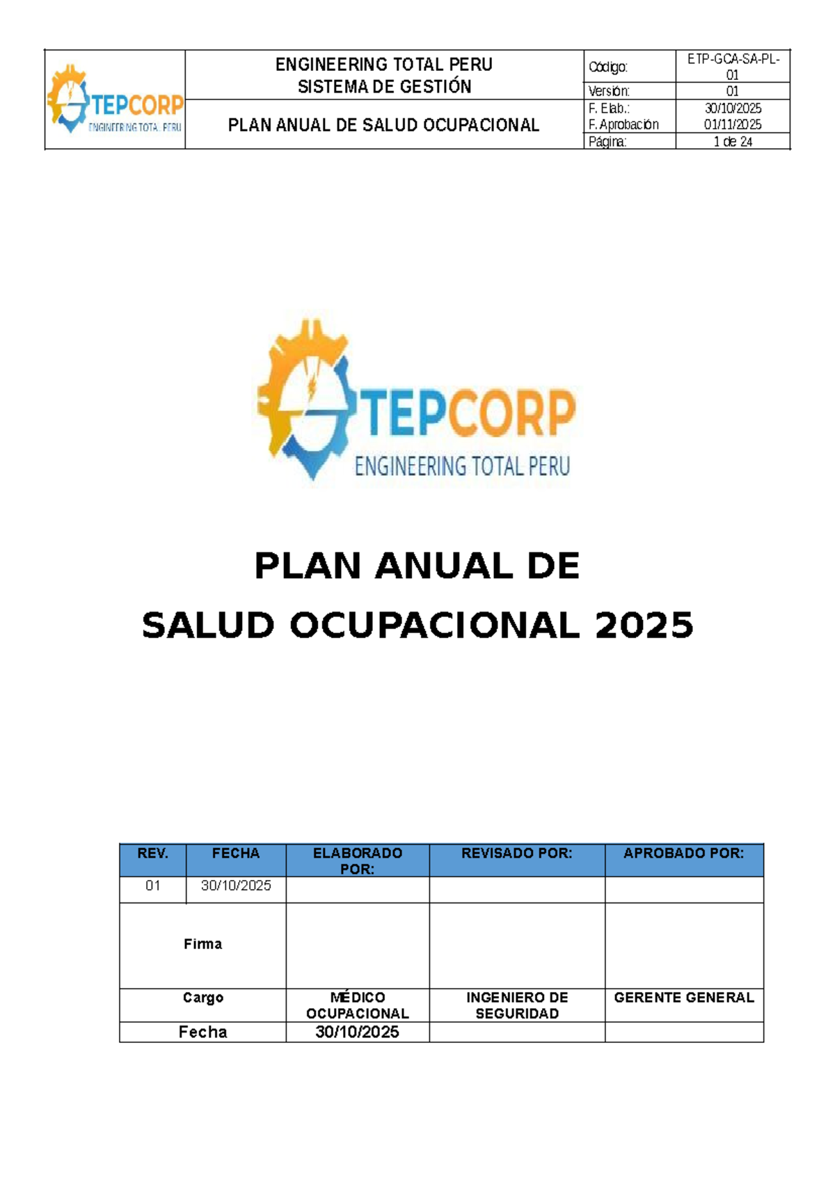 PLAN ANUAL DE SALUD OCUPACIONAL 2025 - ENGINEERING TOTAL PERU - Studocu