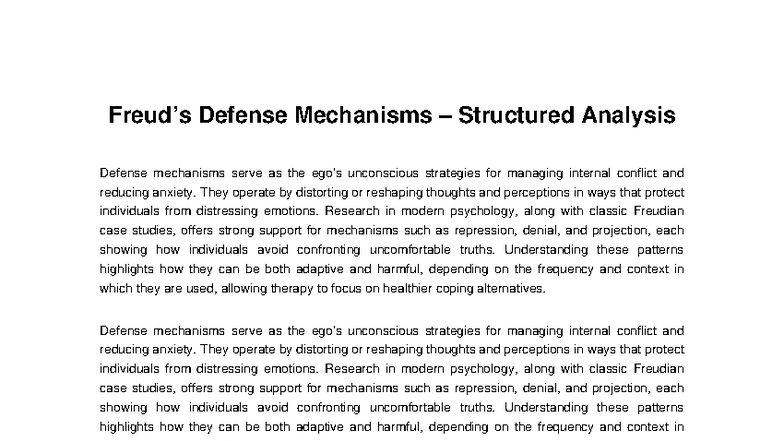 Freud's Defense Mechanisms: A Structured Analysis - Studocu