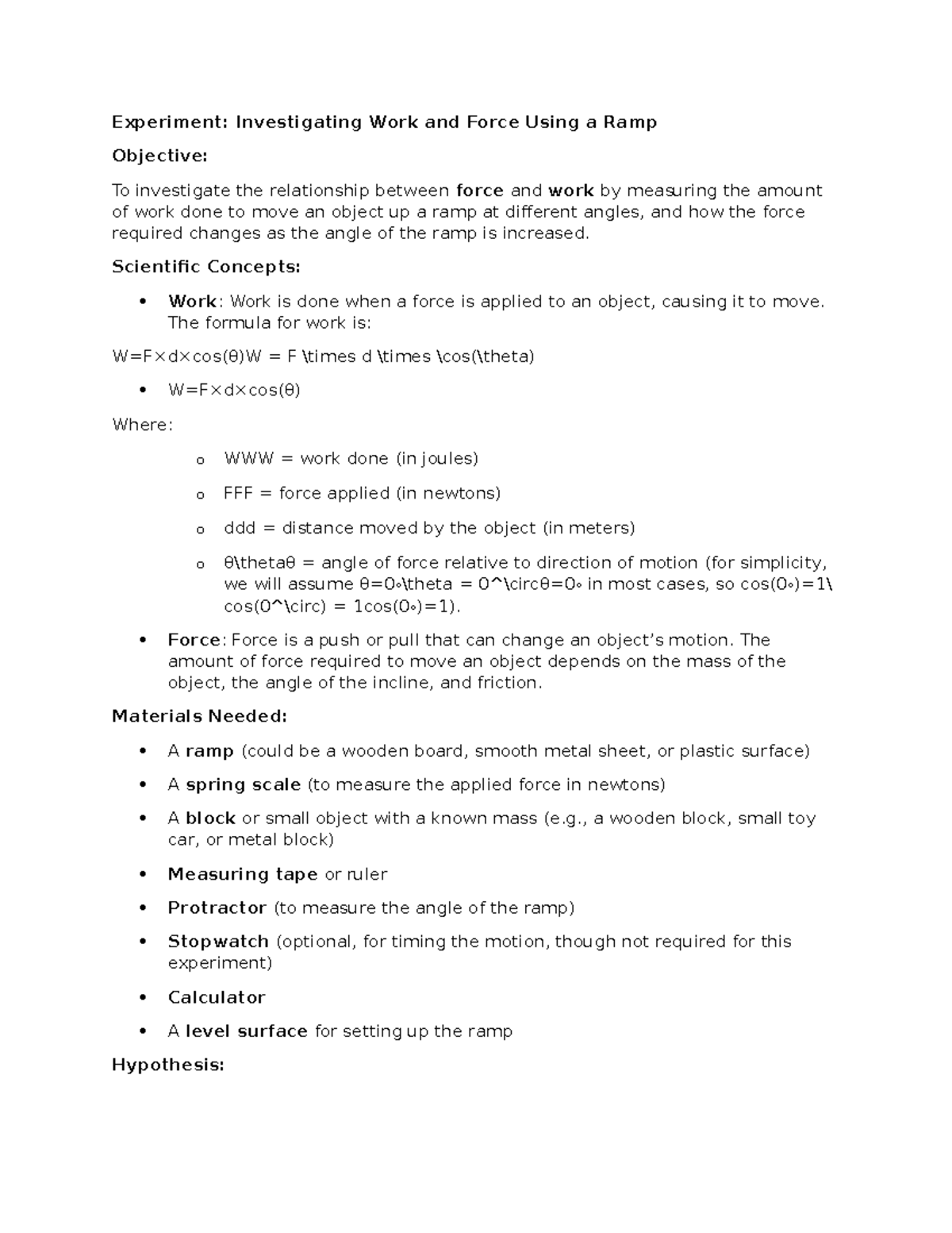 Physics Experiment - Experiment: Investigating Work and Force Using a ...