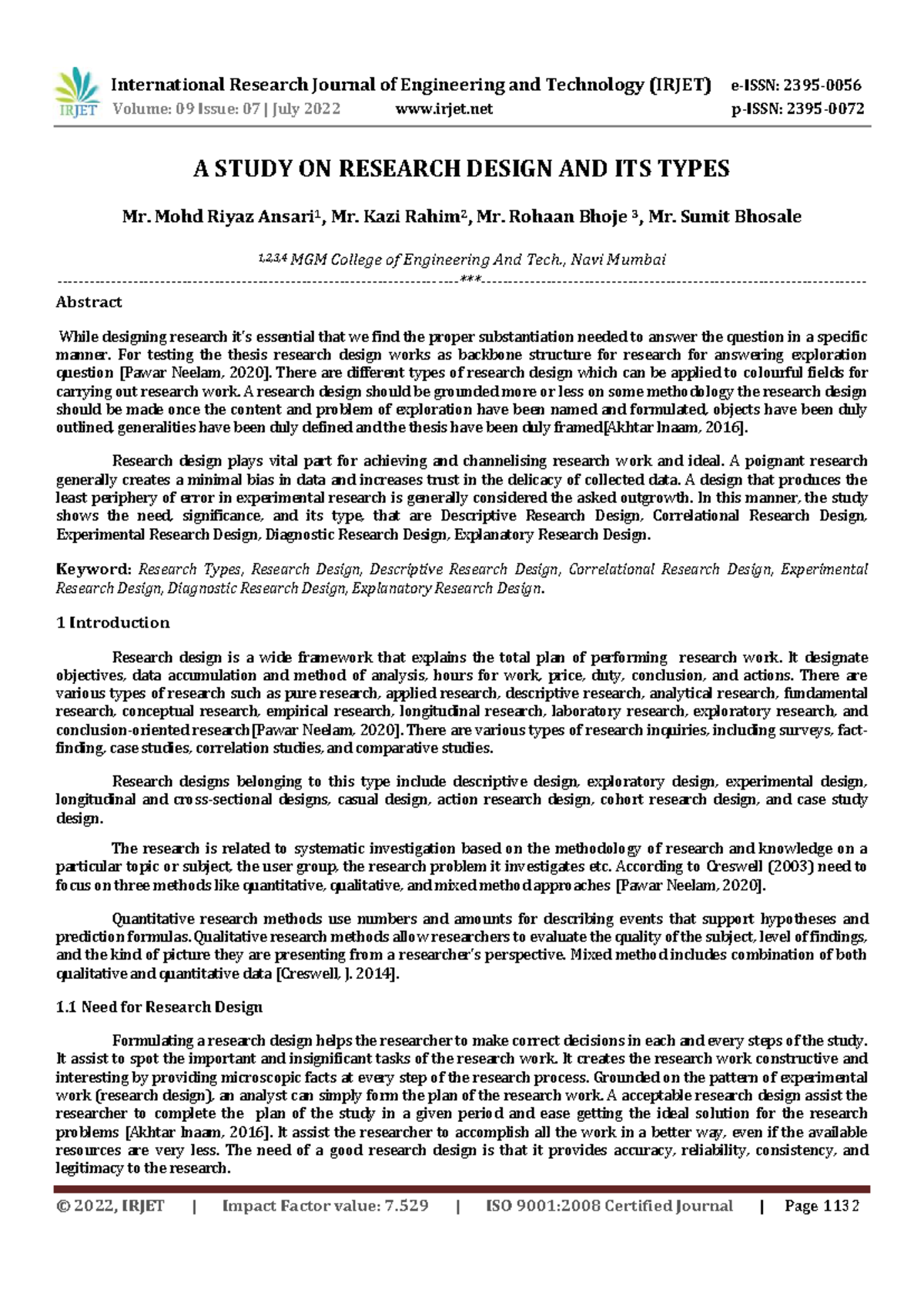 IRJET Volume 09 Issue 07: Types of Quantitative Research Design - Studocu