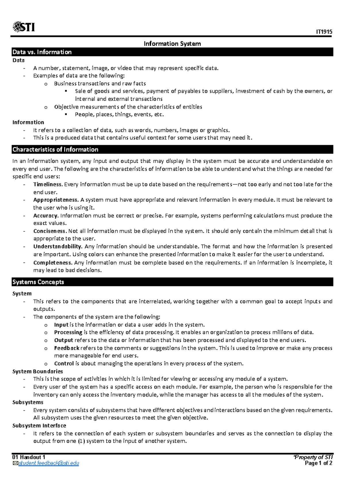 01 Handout 1 - Lecture notes 1 - IT 01 Handout 1 *Property of STI ...