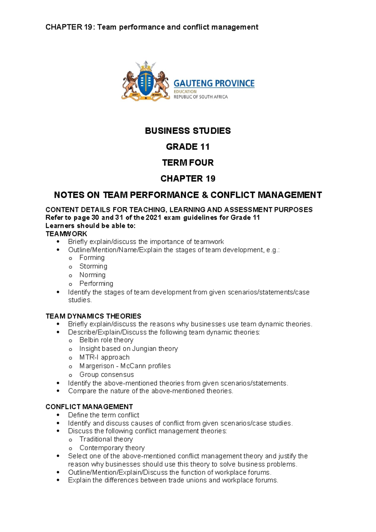 BSTD Grade 11 TERM 4 Week 3-4 Team Dynamics & Conflict Management Notes ...