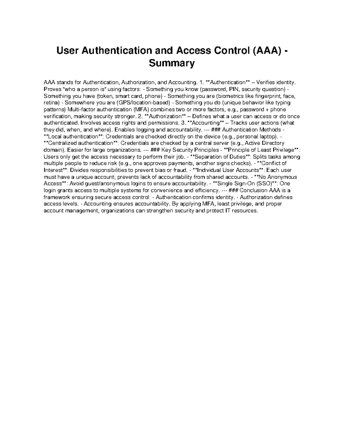AAA Summary: User Authentication & Access Control Overview - Studocu