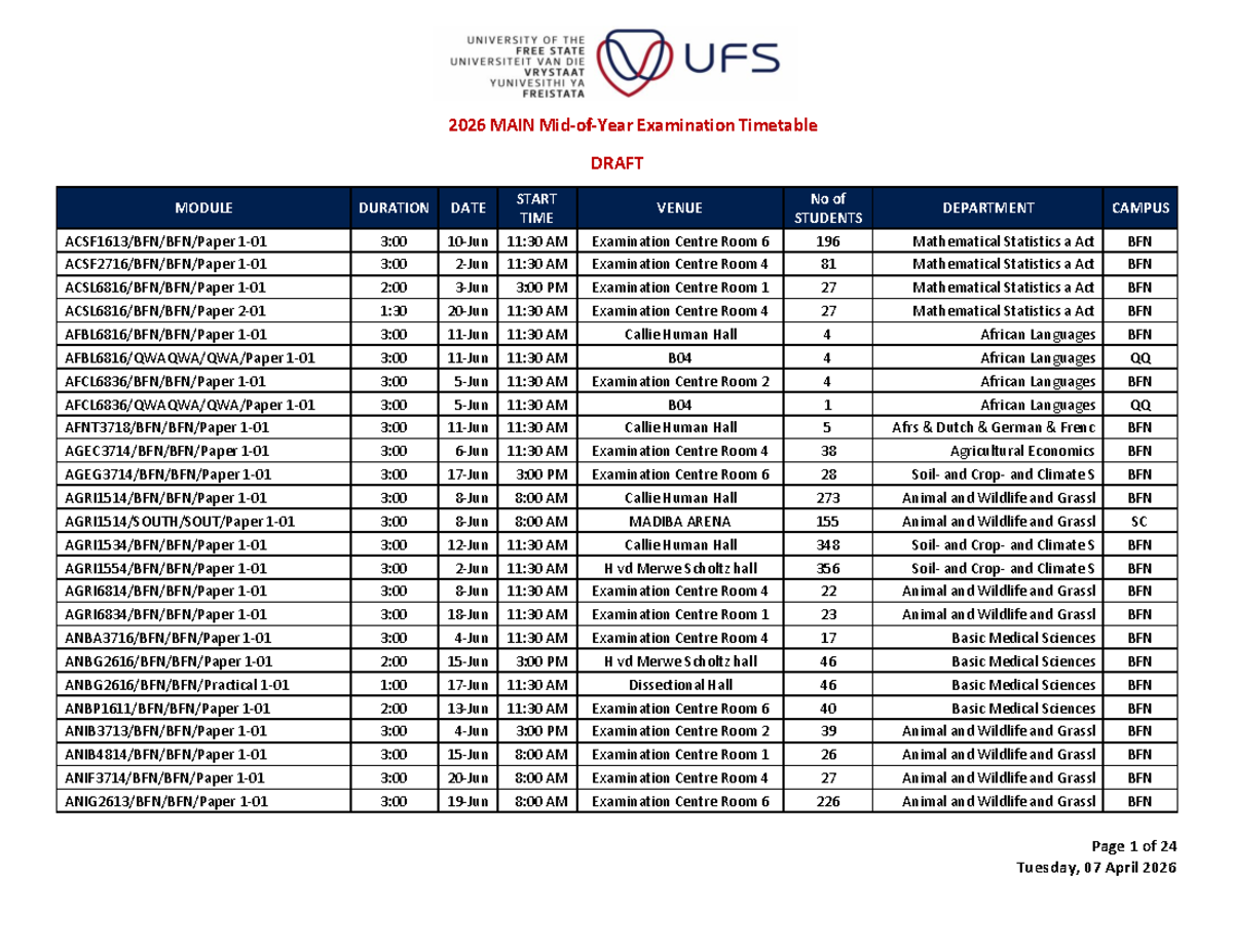 2026 BFN Main Examination Timetable Draft - Studocu