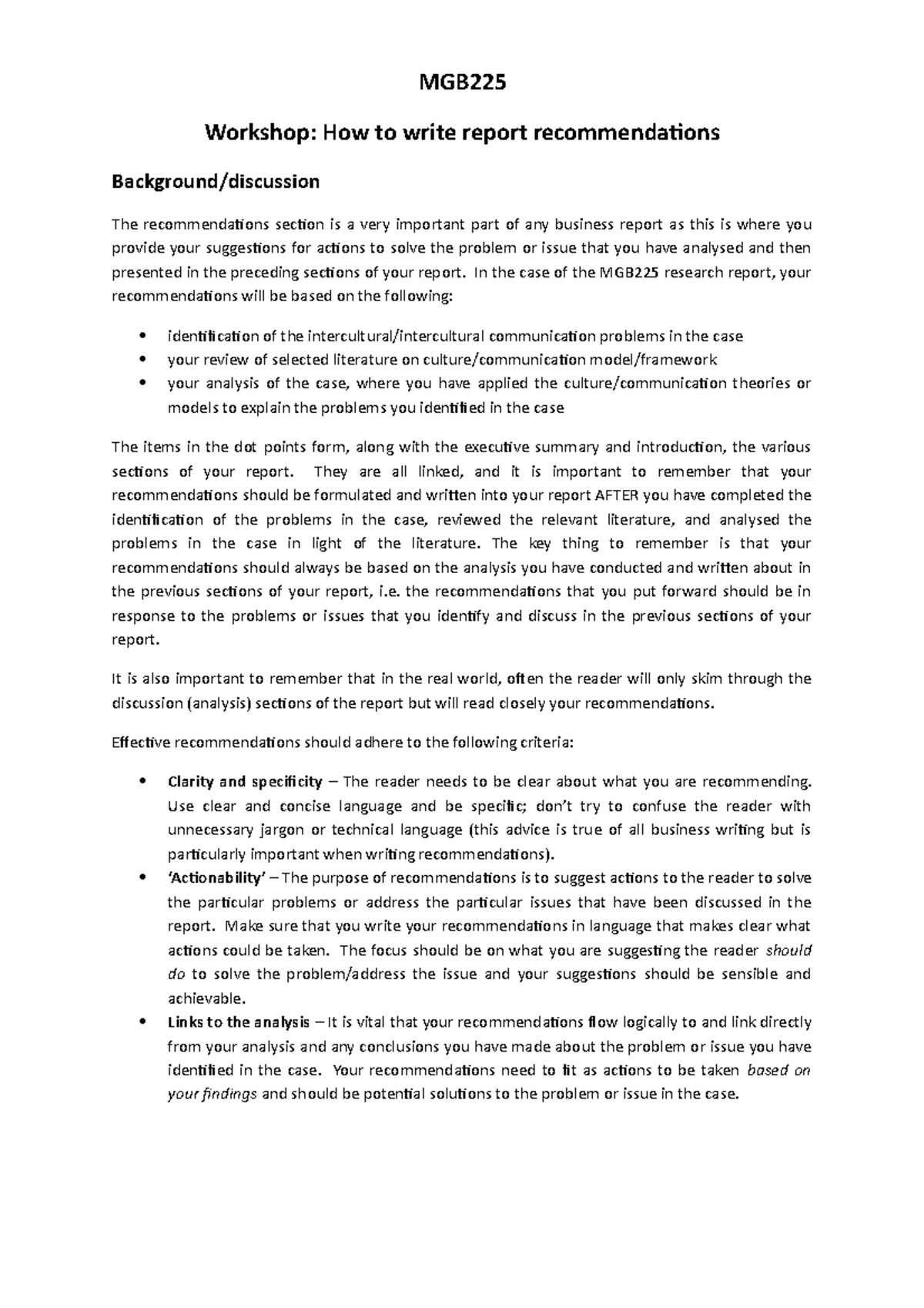 MGB225 Workshop: Writing Effective Report Recommendations - Studocu