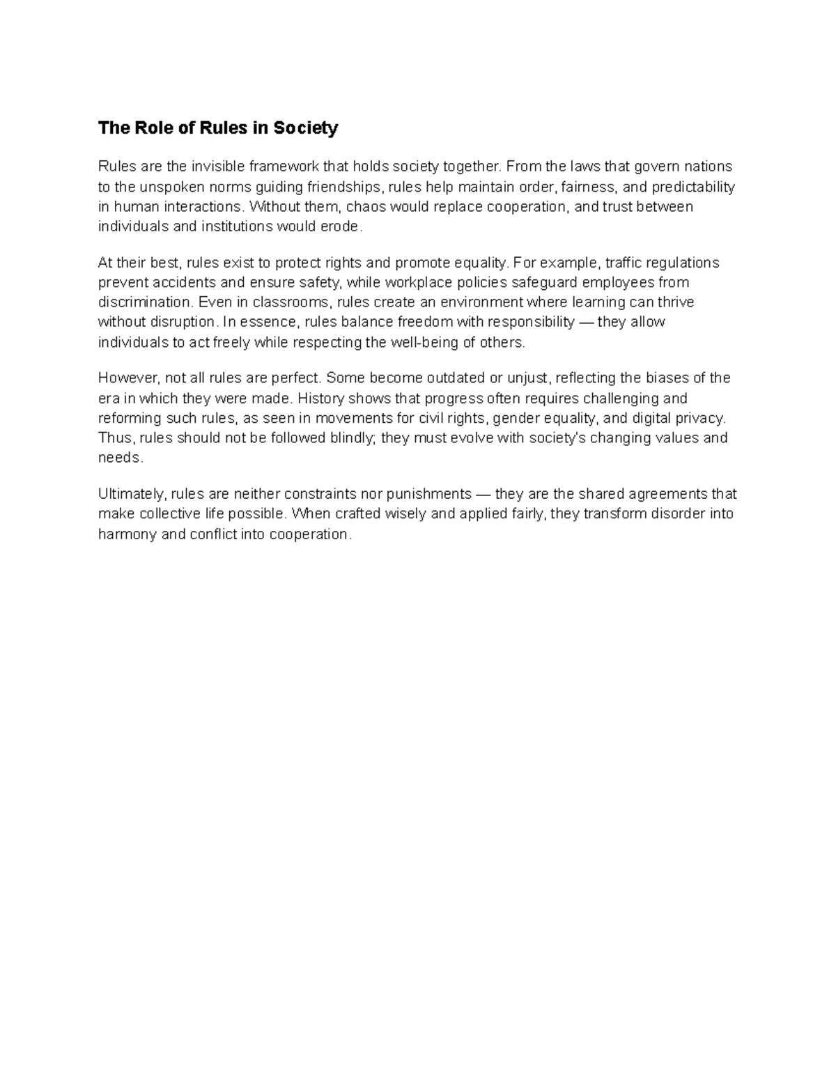 The Role of Rules in Society: A Framework for Order and Equality - Studocu