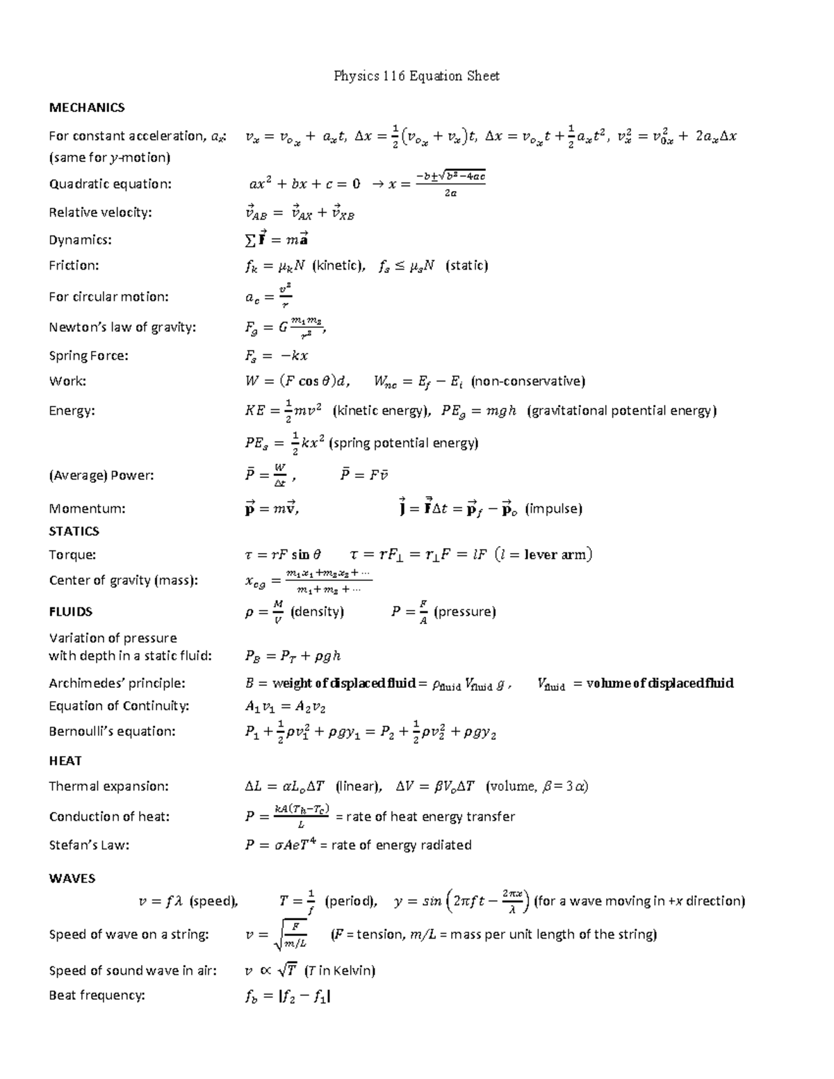 PHYS 116 Mechanics and Equations: Comprehensive Equation Sheet - Studocu