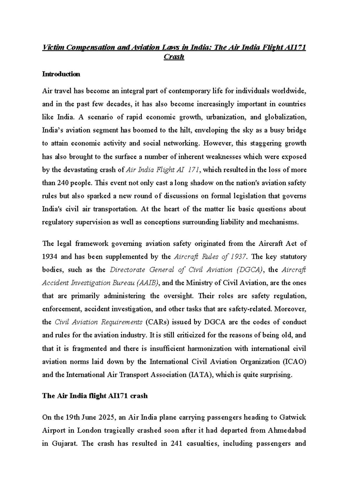 Victim Compensation & Aviation Laws in India: Air India Flight AI171 ...