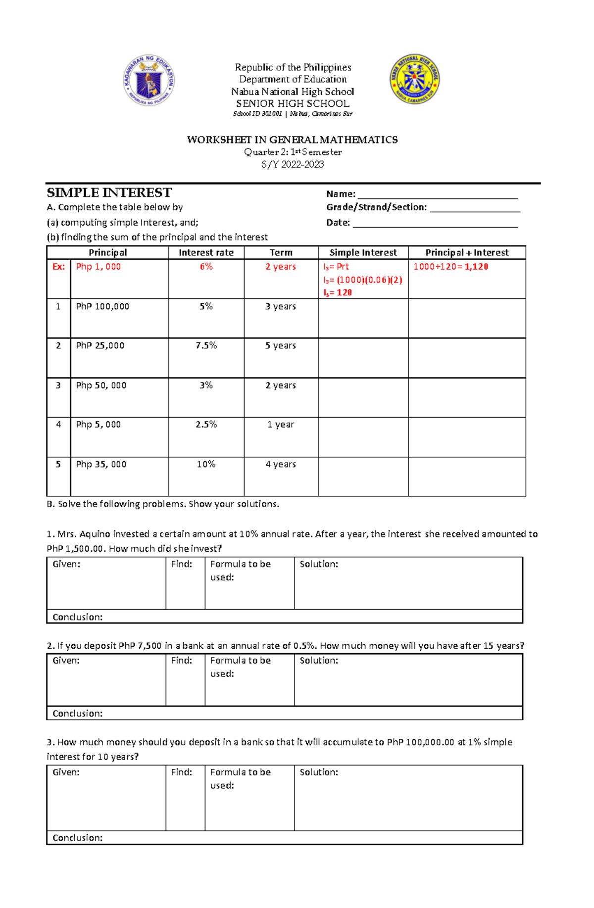 General Math Worksheet: Simple Interest (1st Sem, SY 2022) - Studocu