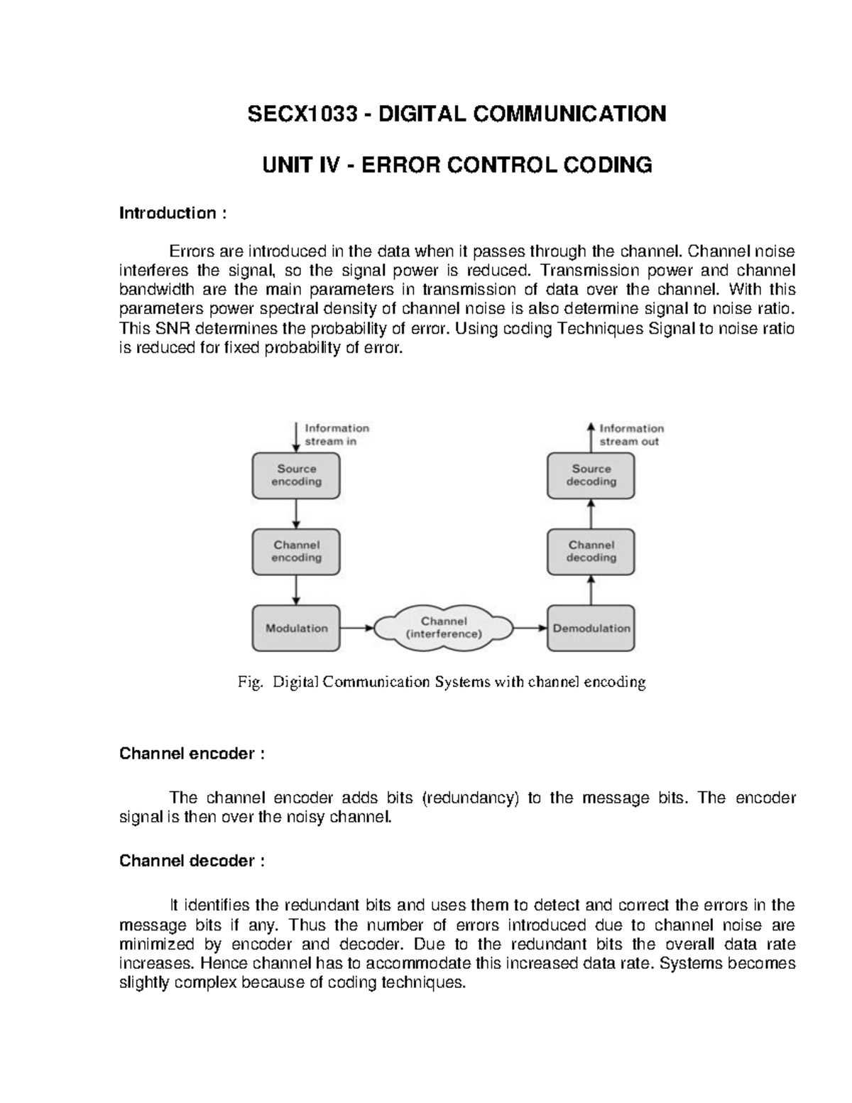 SECX1033 DIGITAL COMMUNICATION UNIT IV ERROR CONTROL CODING Notes - Studocu