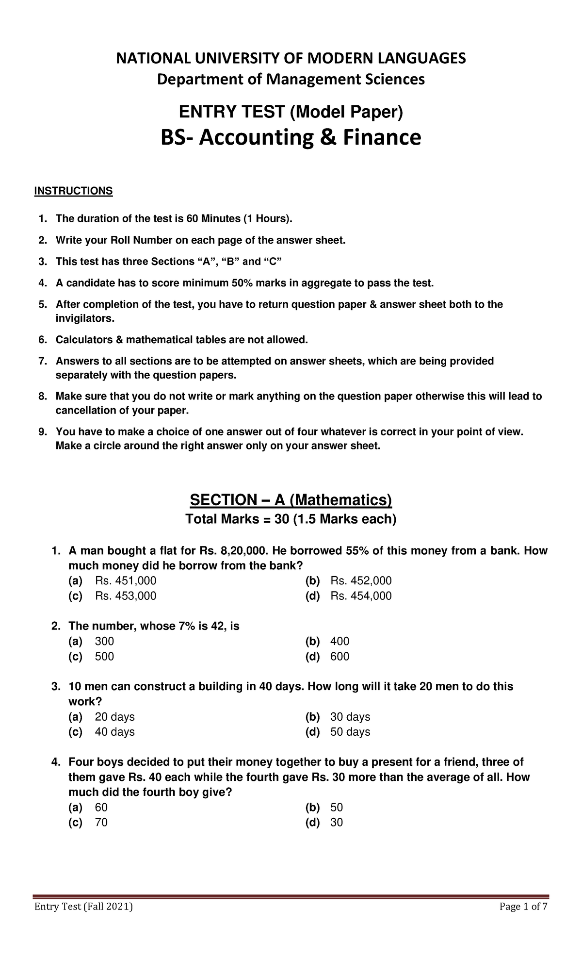 BS (Accounting & Finance) Entry Test Model Paper - Fall 2021 - Studocu
