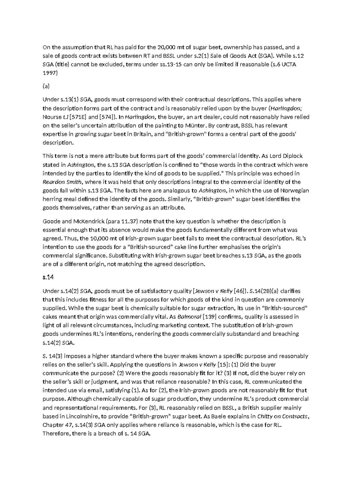 Commercial Law PQ: Analysis of SGA Breaches in Sugar Beet Contract ...