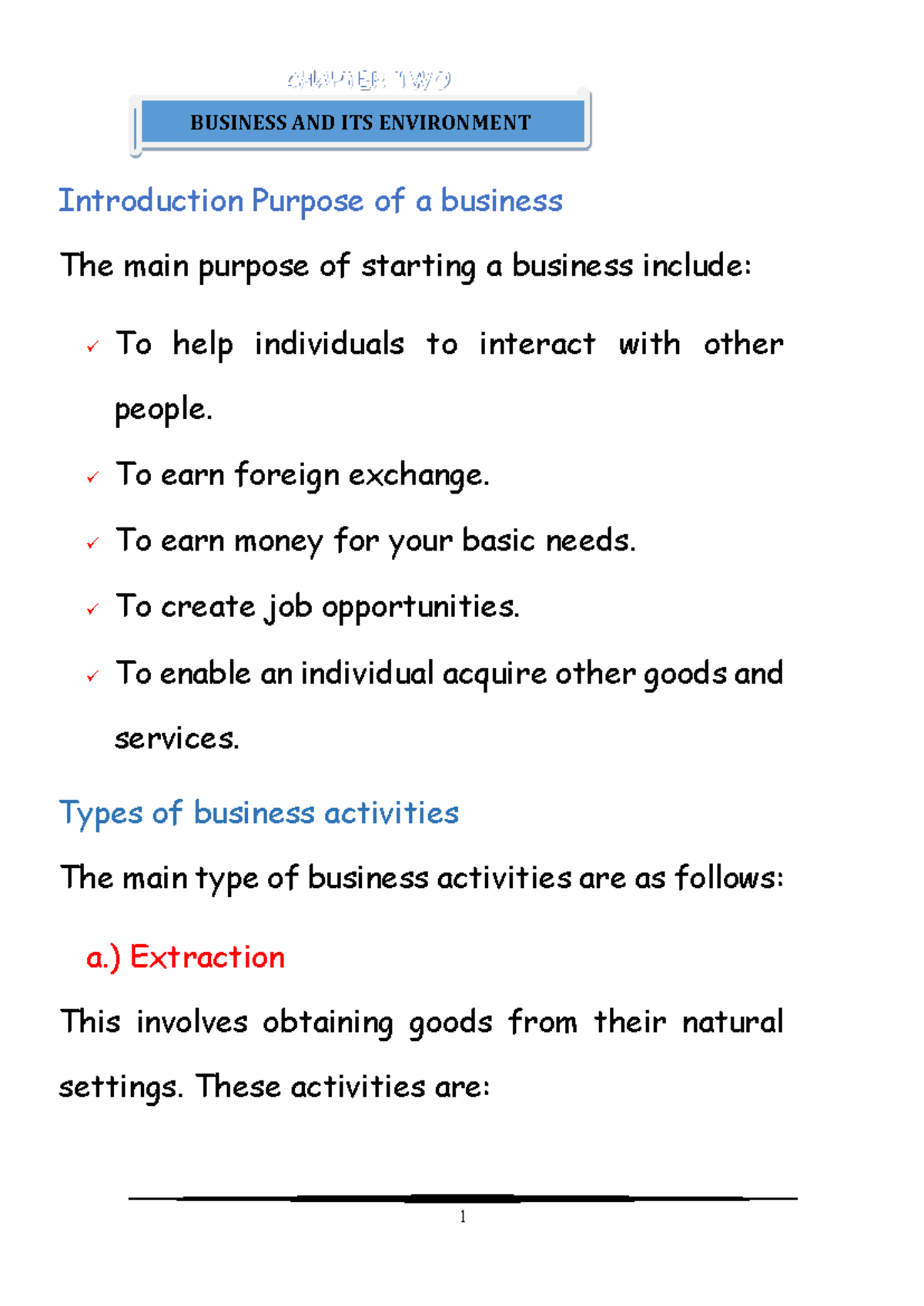 Business Form 1 notes - Introduction Purpose of a business The main ...