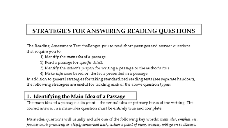 Strategies for Answering Reading Questions: Main Ideas & Inferences ...