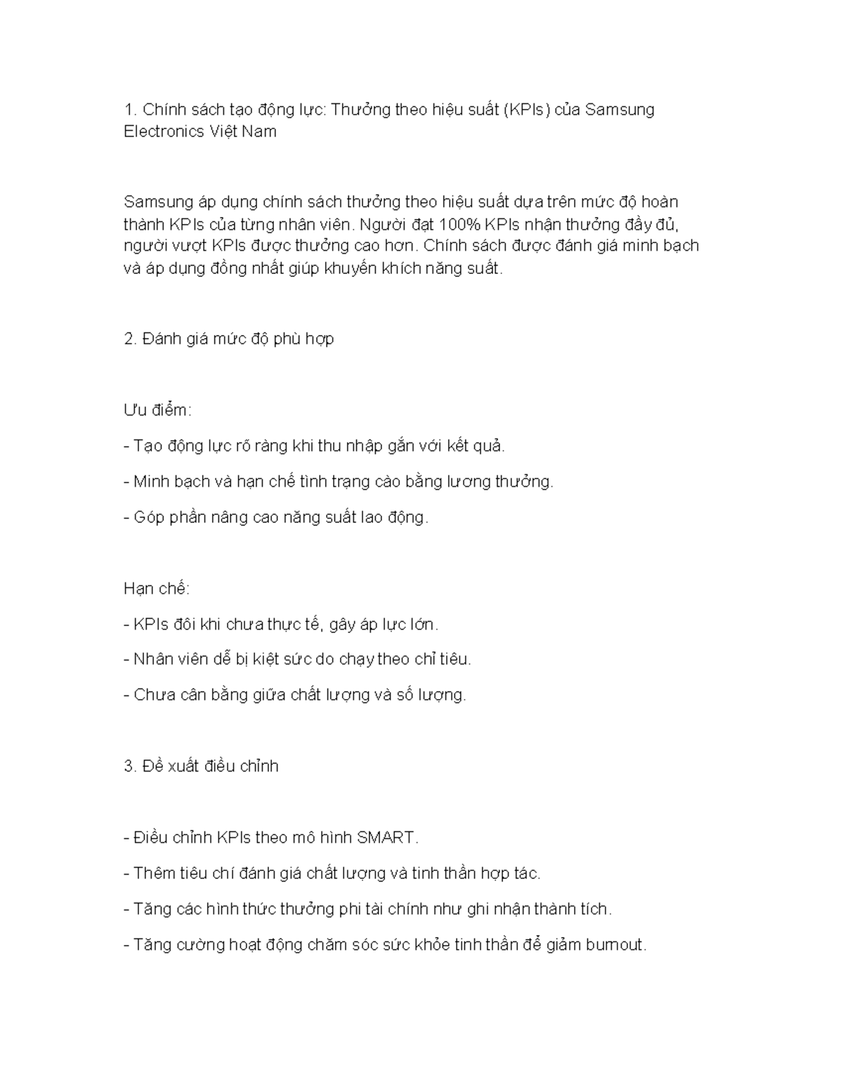Chính sách Tạo Động Lực: Thưởng theo Hiệu Suất tại Samsung - Studocu