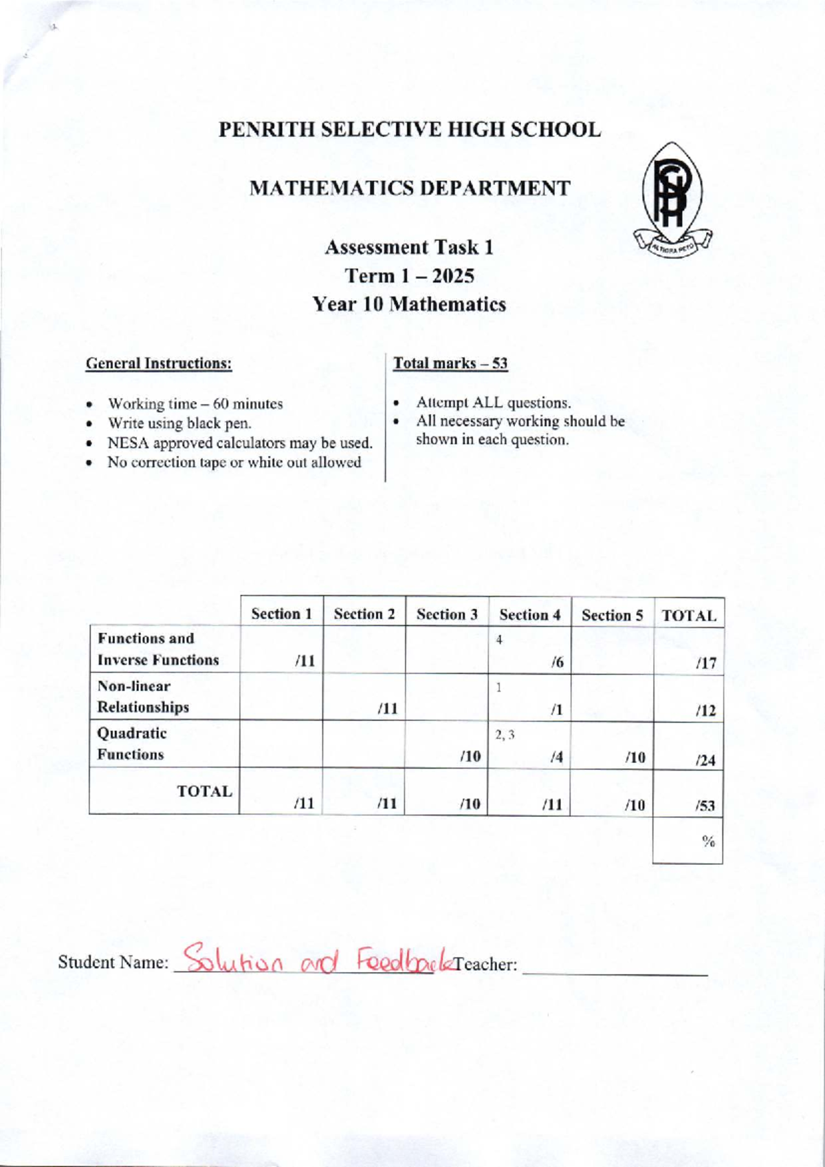 Year 10 Mathematics (2025) - Assessment Task 1 Solutions & Feedback ...