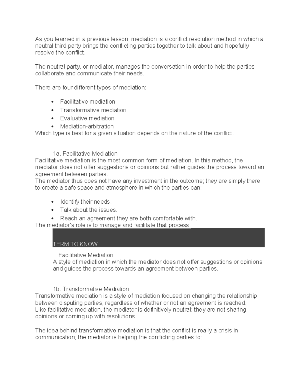 Sophia Conflict Resolution Module 1: Mediation Types Explained - Studocu