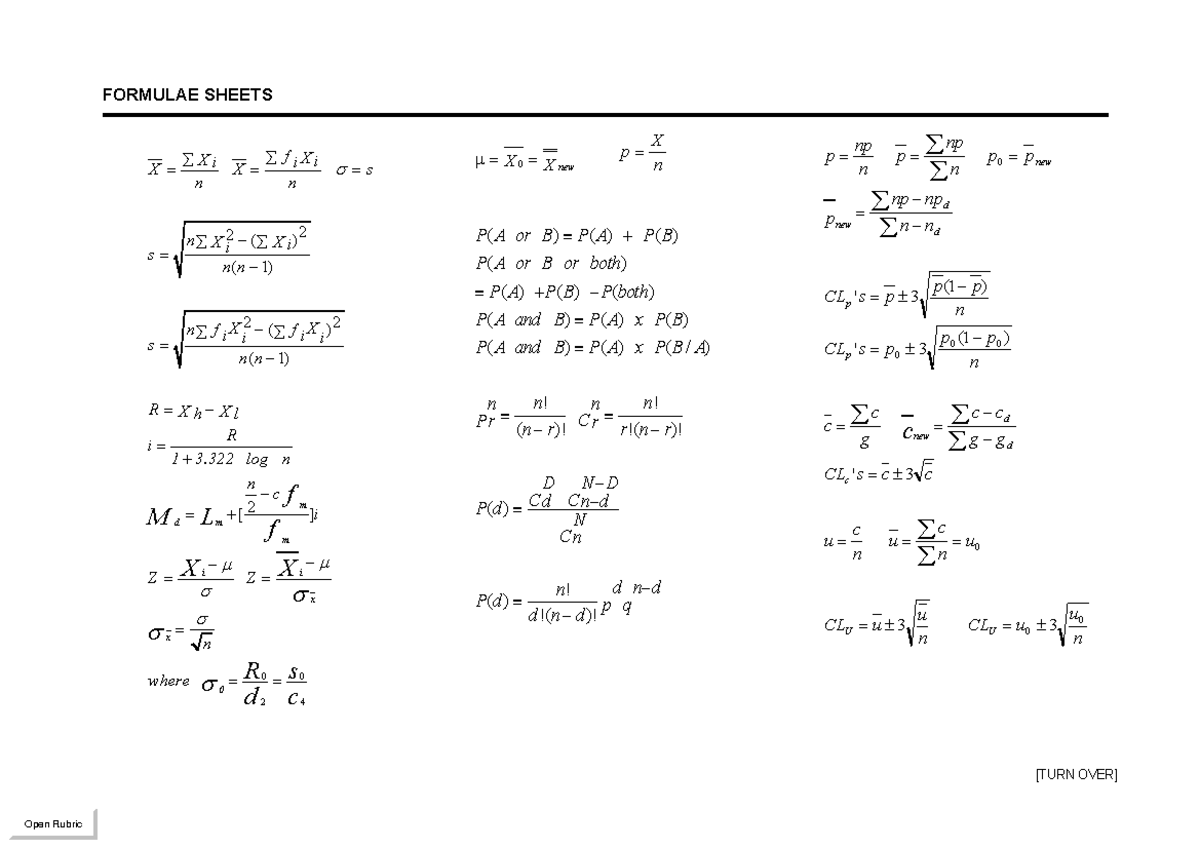 IES2601 Formulae Sheets for Statistics and Probability - Studocu