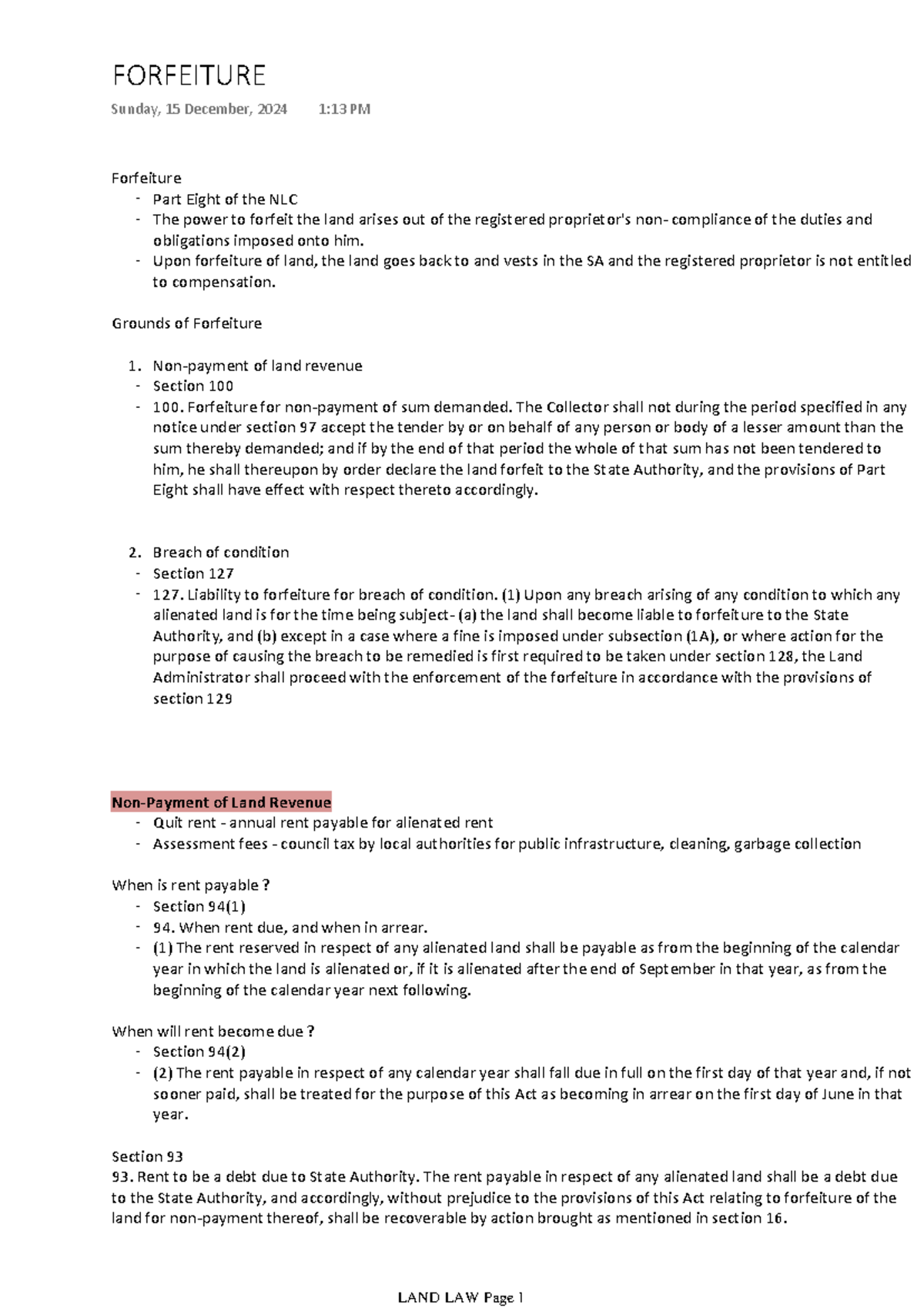 Forfeiture Notes for NLC Laws and Procedures (Course Code: LAW 301 ...