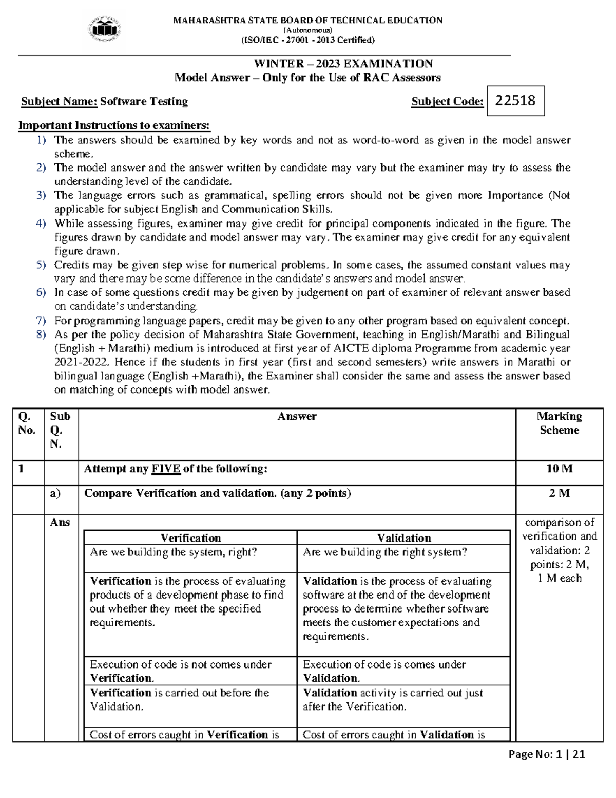 **Final Exam Model Answers for Software Testing (22518 - Winter 2023 ...