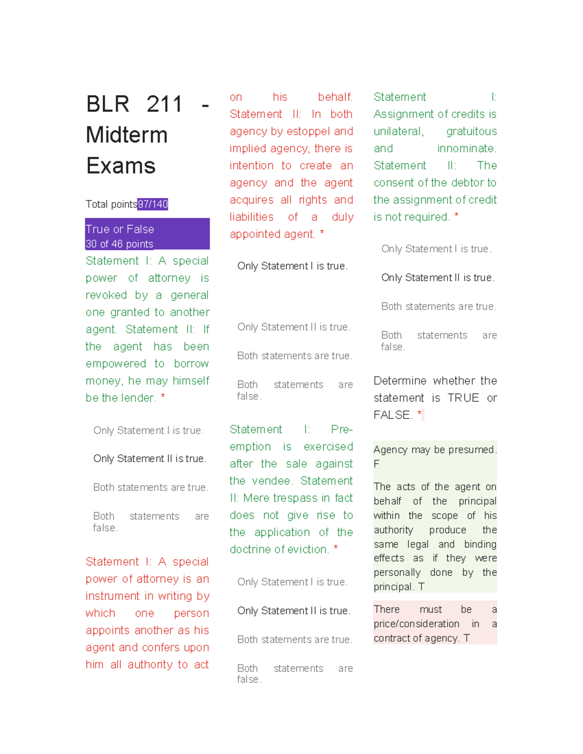 BLR 211 Midterm Exam Review: True or False Statements Analysis - Studocu