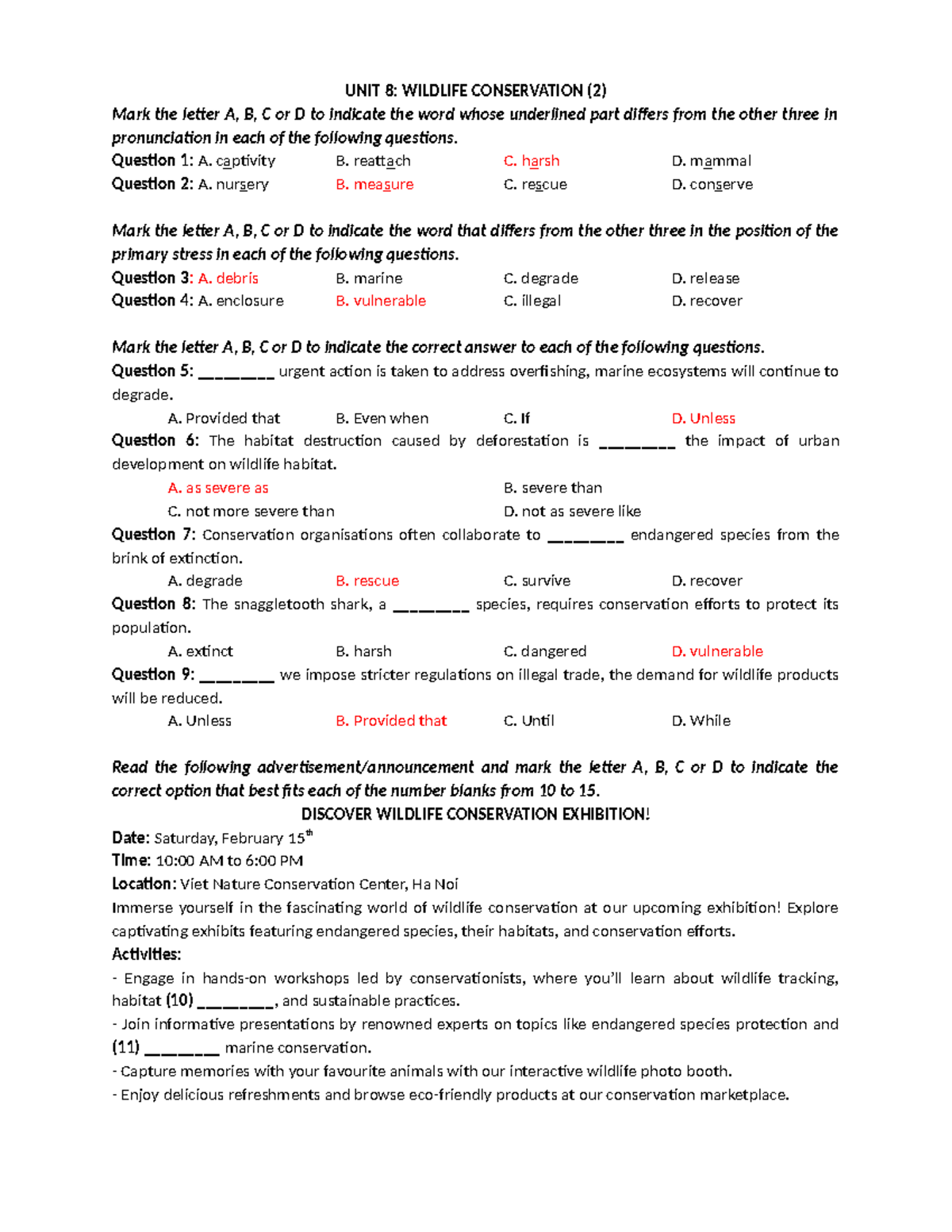 UNIT 8 TEST 2 KEY: WILDLIFE CONSERVATION & LANGUAGE PRACTICE - Studocu