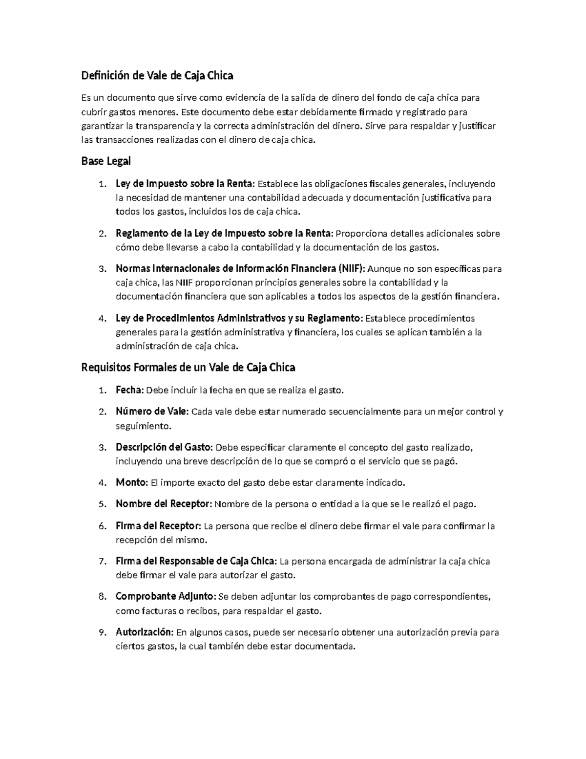 Definición y Requisitos del Vale de Caja Chica - Studocu
