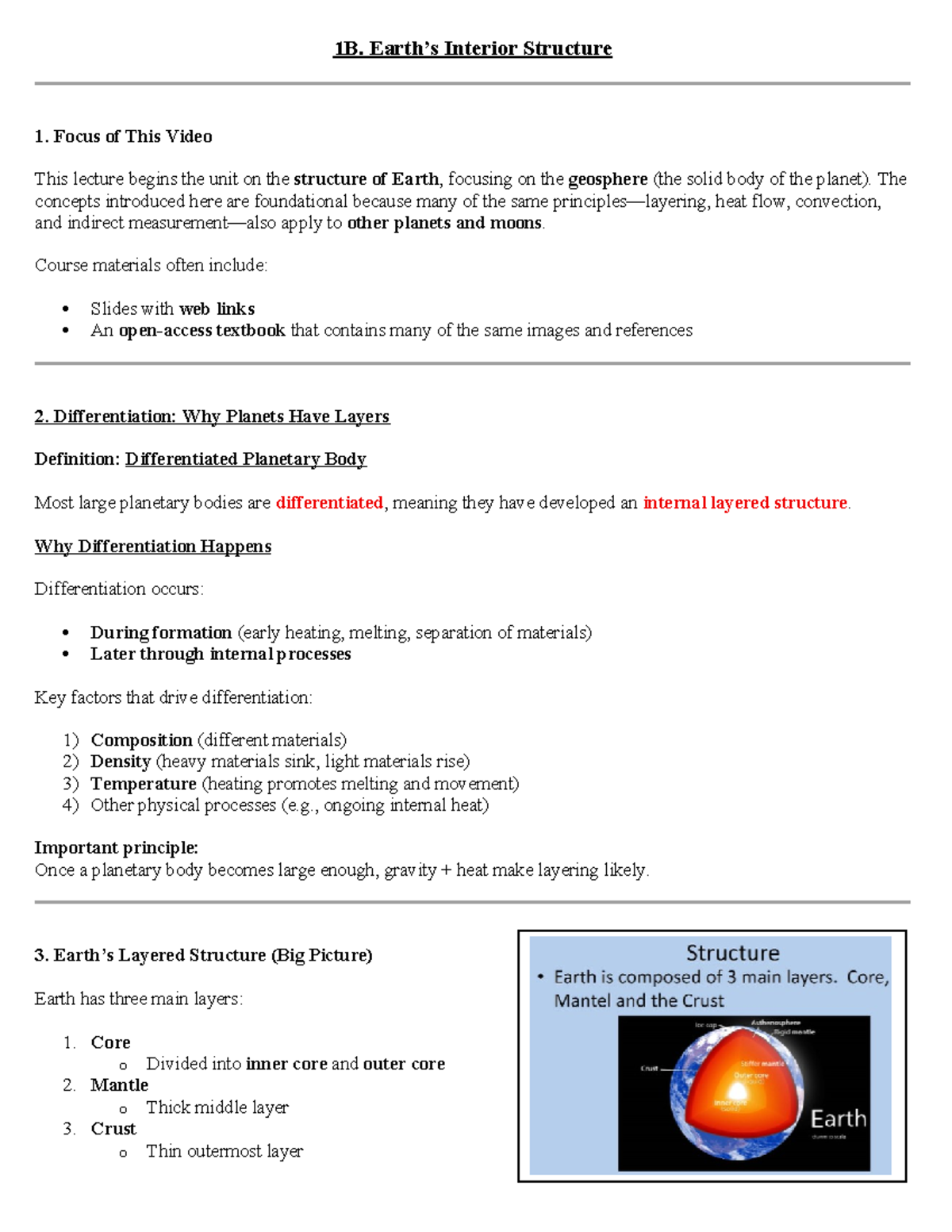 1B. Lecture on Earth's Interior Structure and Differentiation - Studocu