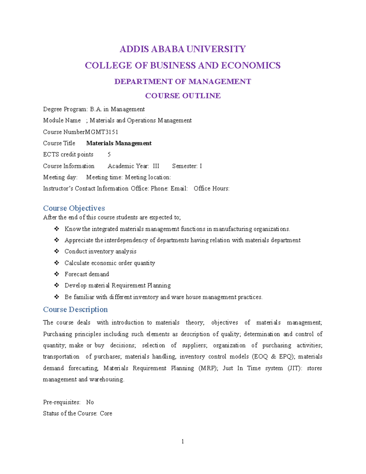 MGMT Course Outline: Materials and Operations Management Notes - Studocu