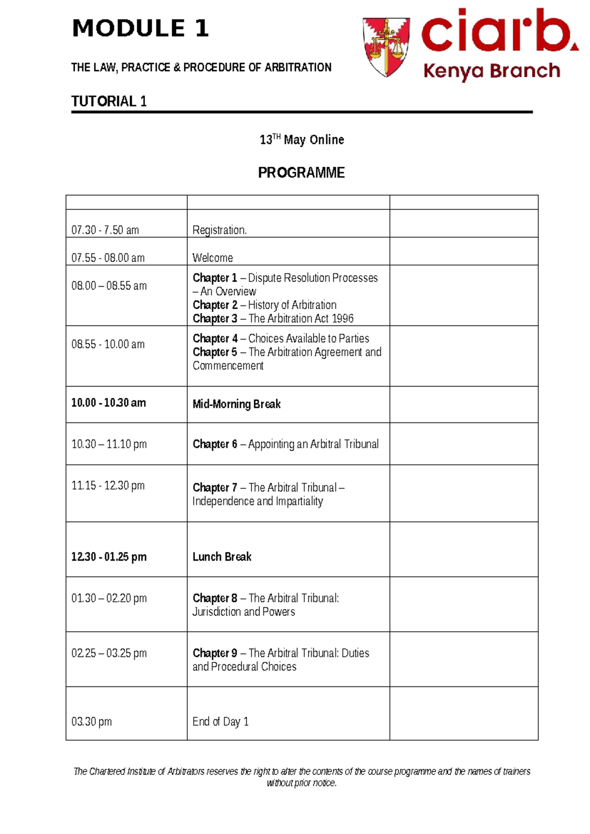 MODULE 1 TUTORIAL 1 PROGRAMME - ARBITRATION LAW & PRACTICE - Studocu