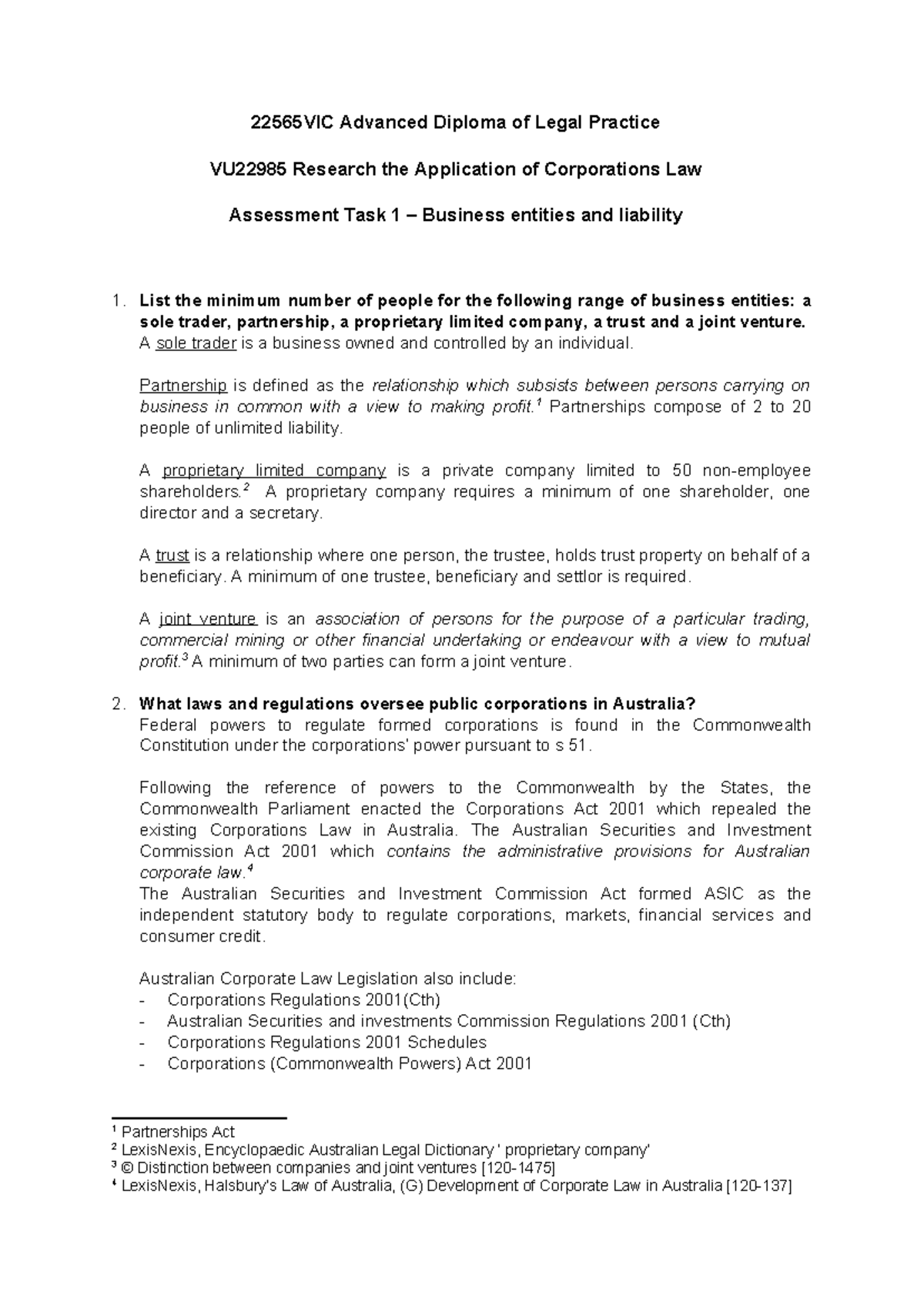 22565VIC VU22985 Corporations Law Assessment Task 1: Business Entities ...