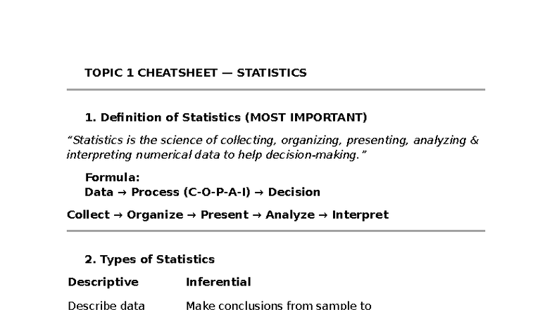 EXAM CHEATSHEET STATISTICS 1-5: KEY CONCEPTS & FORMULAS - Studocu