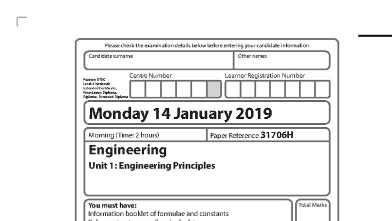 BTEC Level 3 Engineering Unit 1 Exam Paper - January 2019 - Studocu