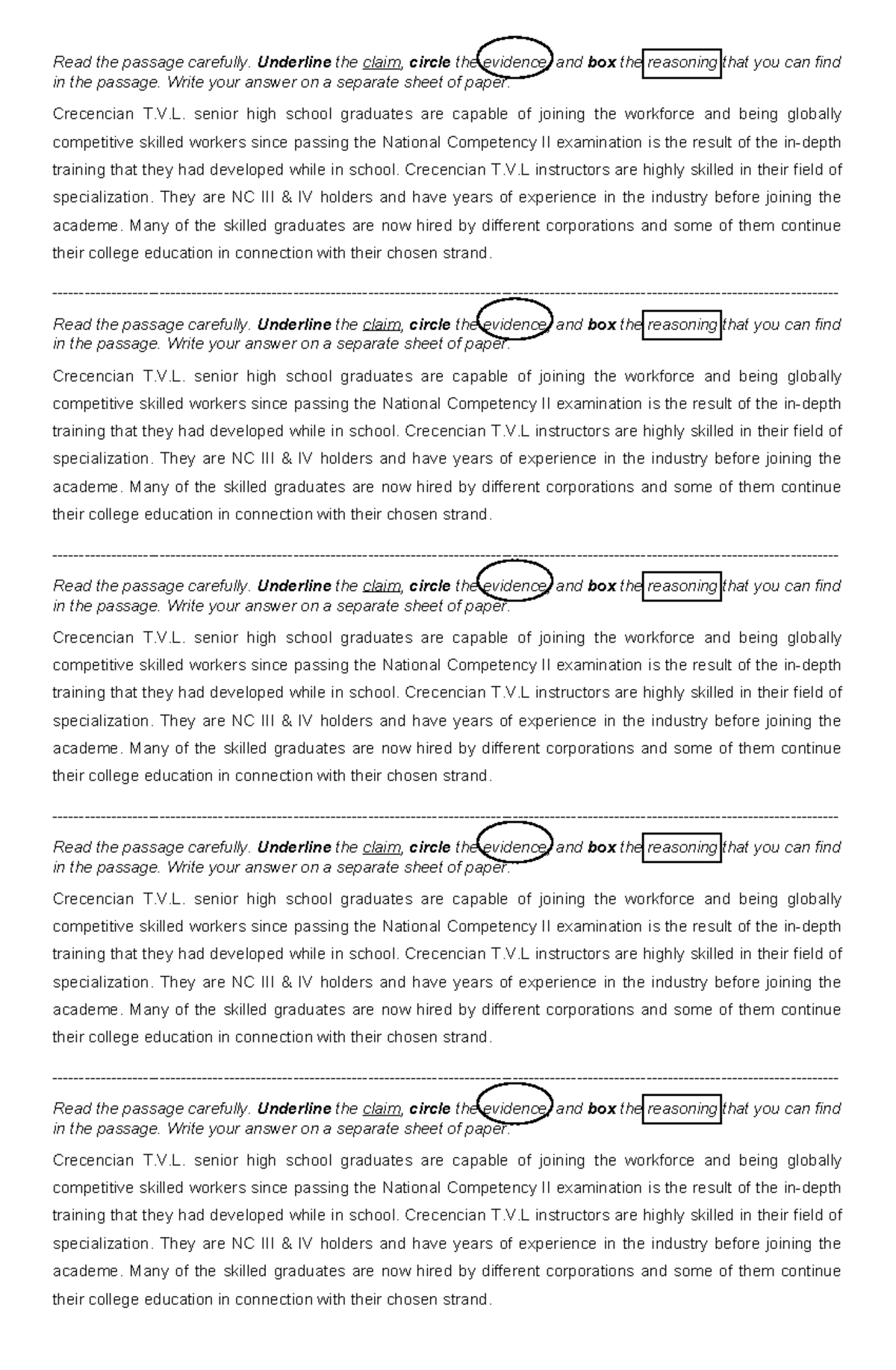 R&W Passage - Read the passage carefully. Underline the claim, circle ...
