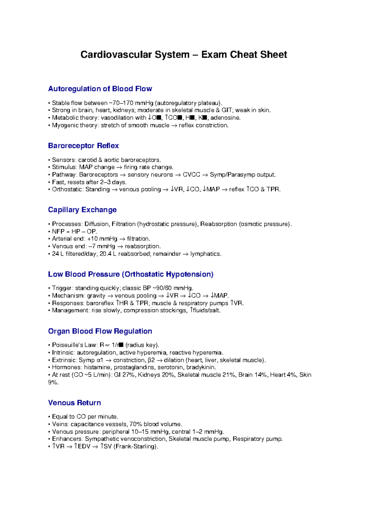 Cardiovascular System Exam Cheat Sheet: Autoregulation & Blood Flow ...