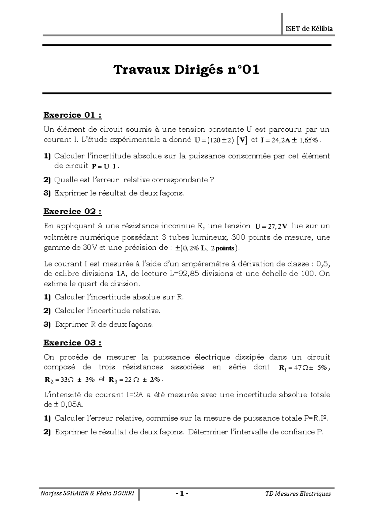 TD Mesures Electriques - Exercices Corrigés (ISET, SGHAIER & DOUIRI ...