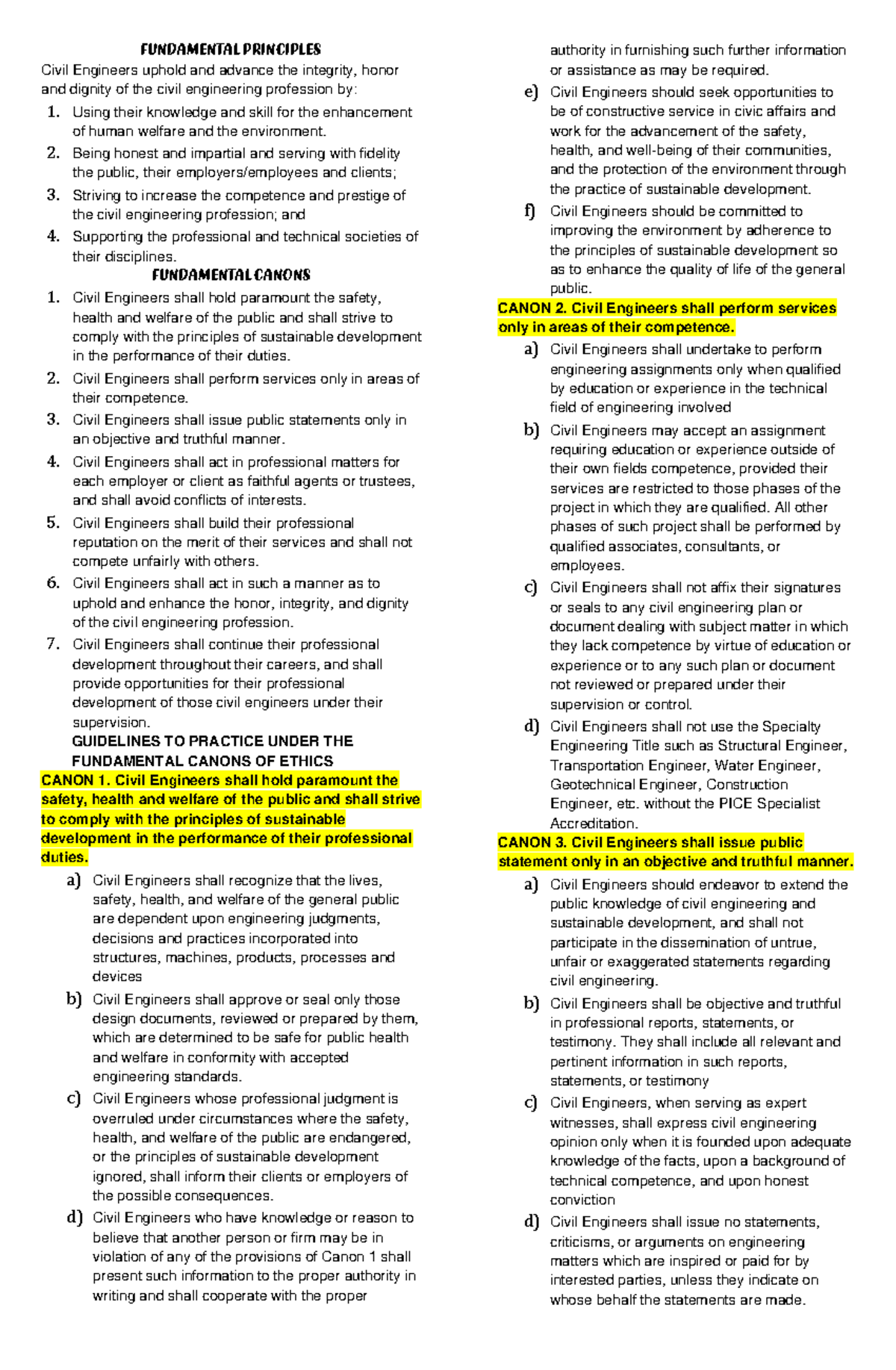 Ce laws reviewer - FUNDAMENTAL PRINCIPLES Civil Engineers uphold and ...