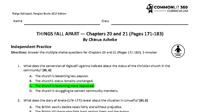 THINGS FALL APART (THINGS FALL APART) Ch 20-21 Independent Practice ...