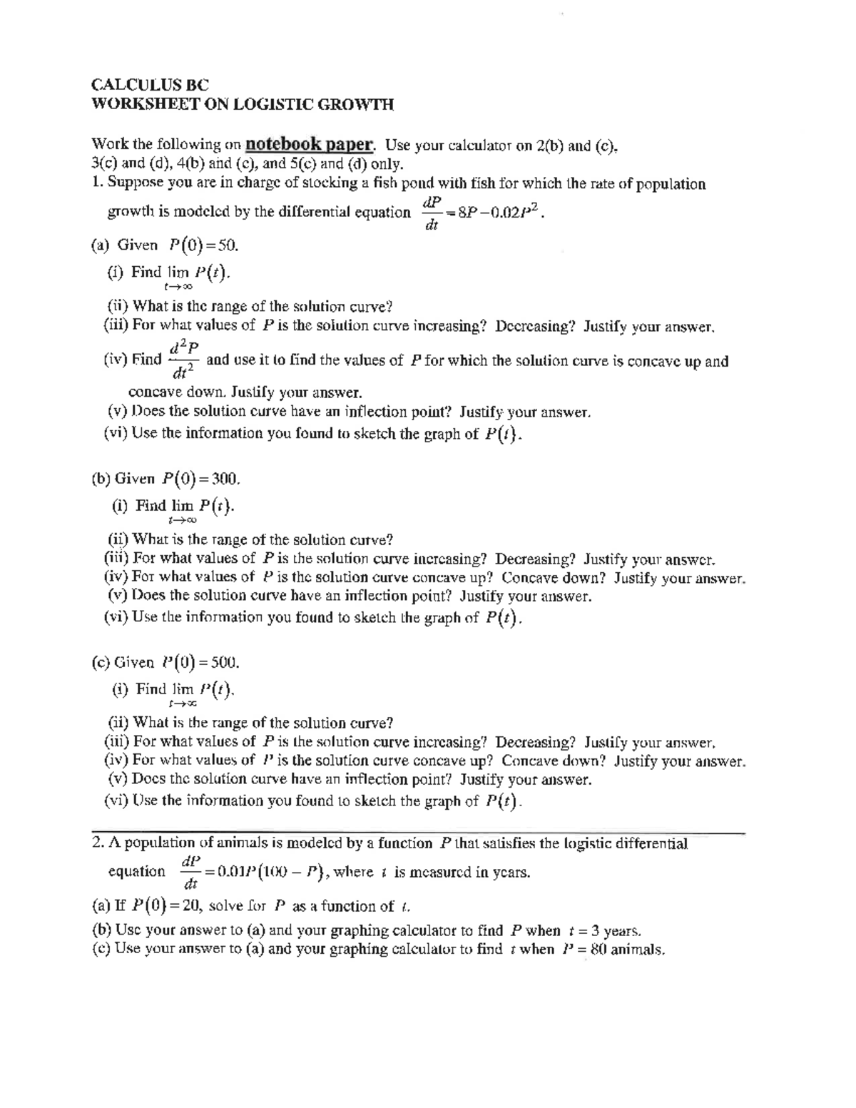 CALCULUS BC 04 LOGISTIC GROWTH WORKSHEET & SOLUTIONS - Studocu