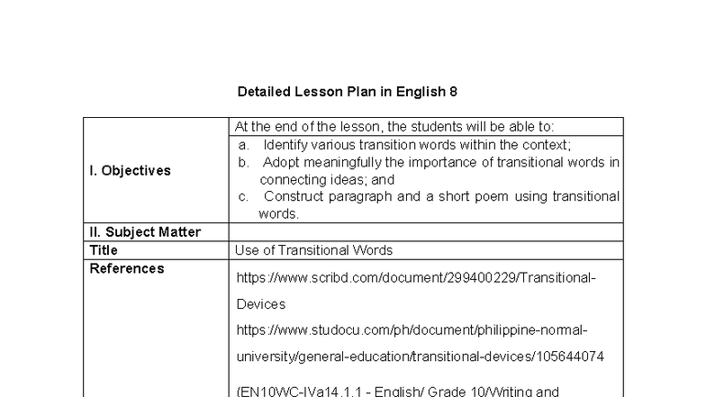 DLP Grade 10: Lesson Plan on Transitional Words and Their Usage - Studocu
