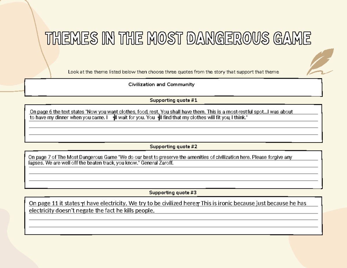 The Most Dangerous Game (ENG 101) Theme Analysis Graphic Organizer ...