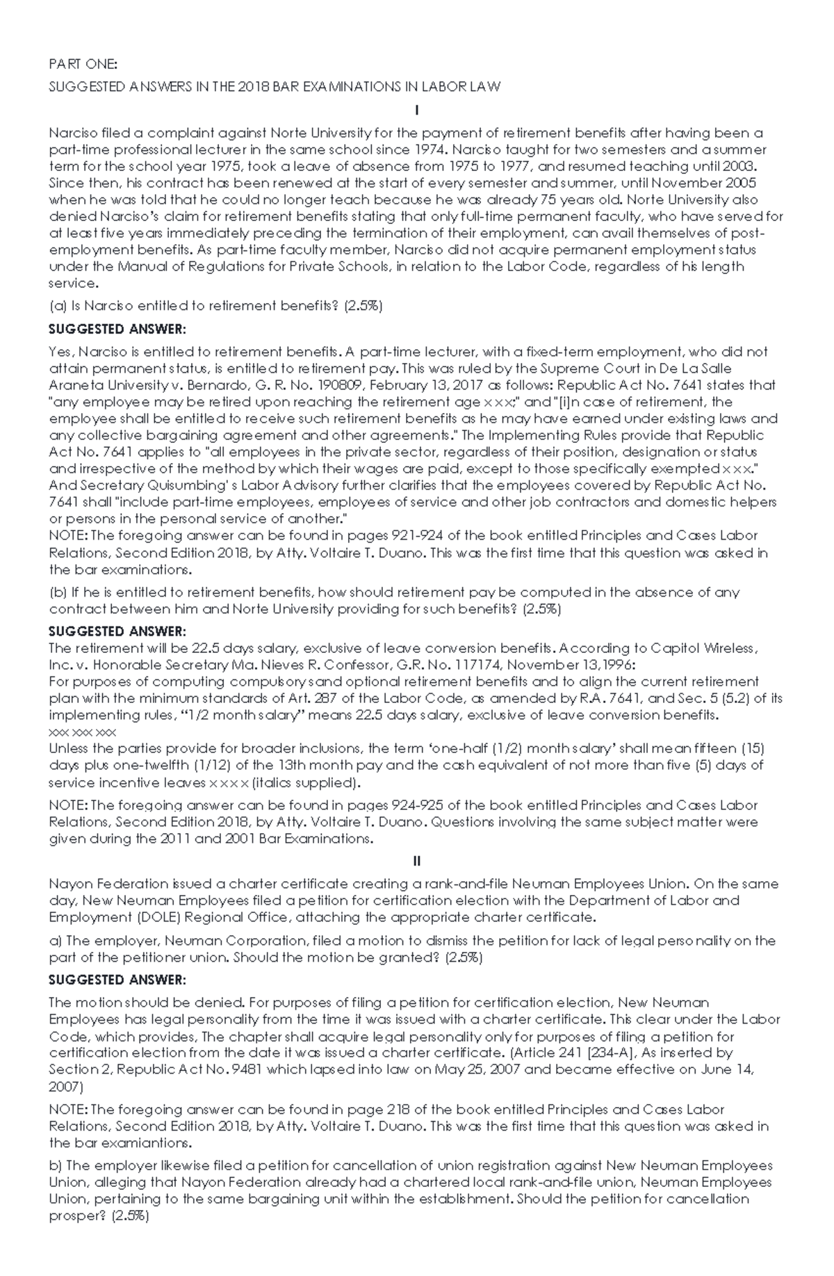 Labor Law 2018 Bar Exam Questions and Suggested Answers - Studocu