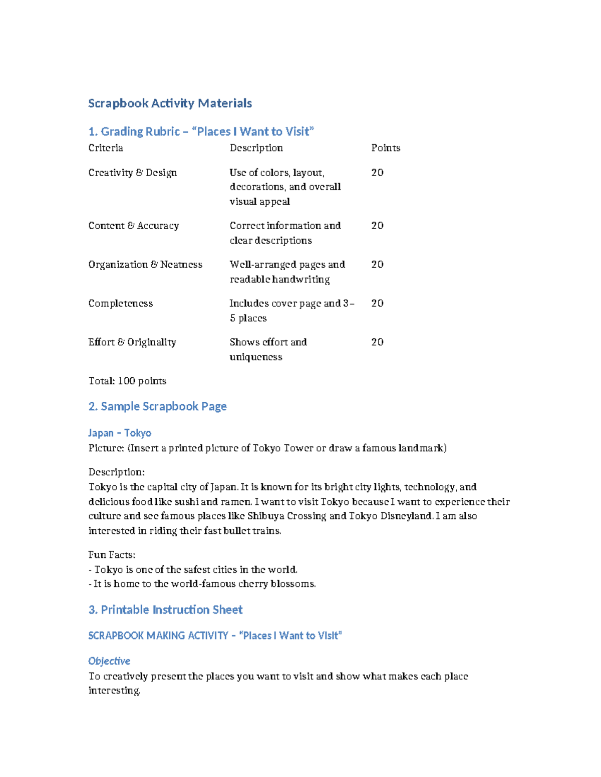 Scrapbook Activity Materials & Grading Rubric for Creative Projects ...