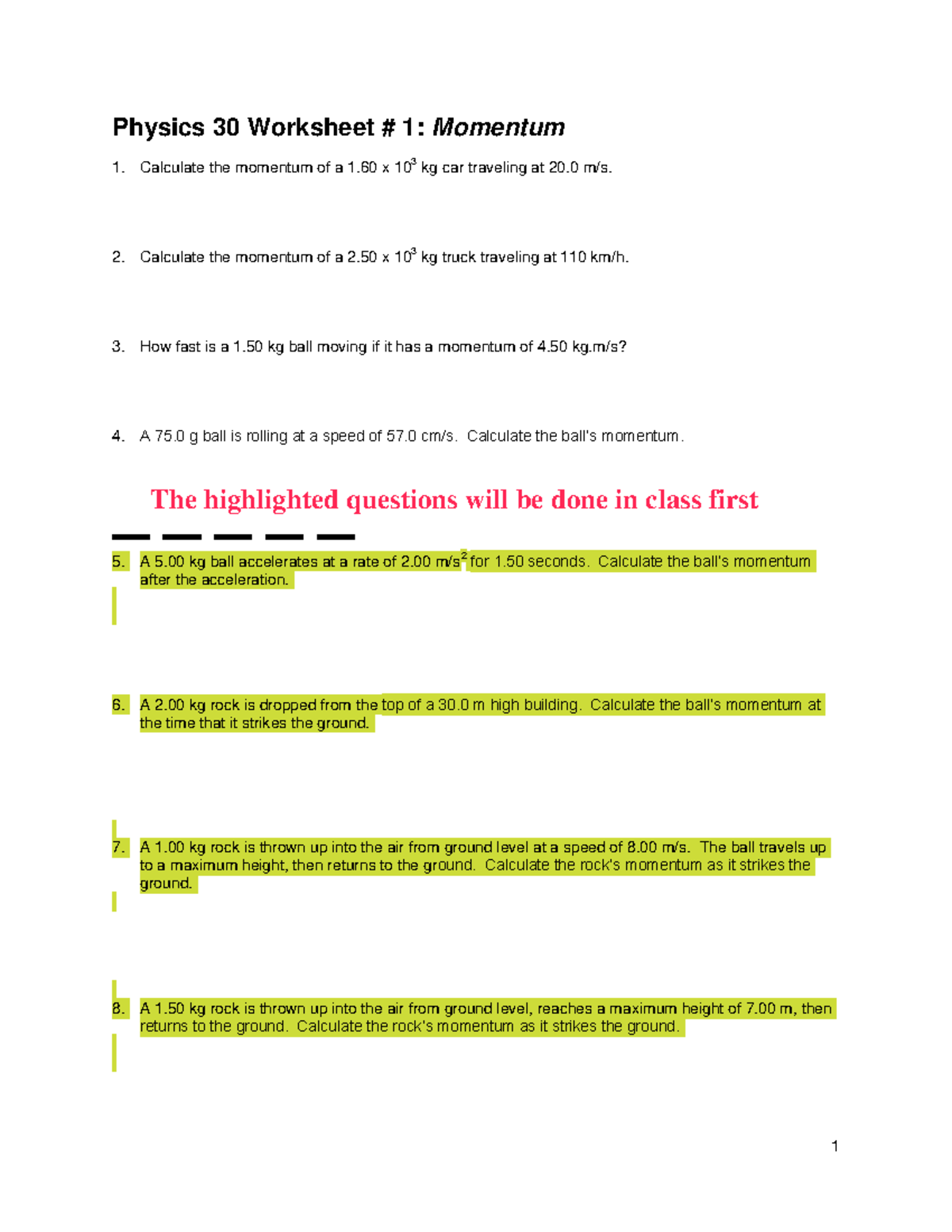 Physics 30 Momentum Practice Questions and Impulse Worksheet - Studocu