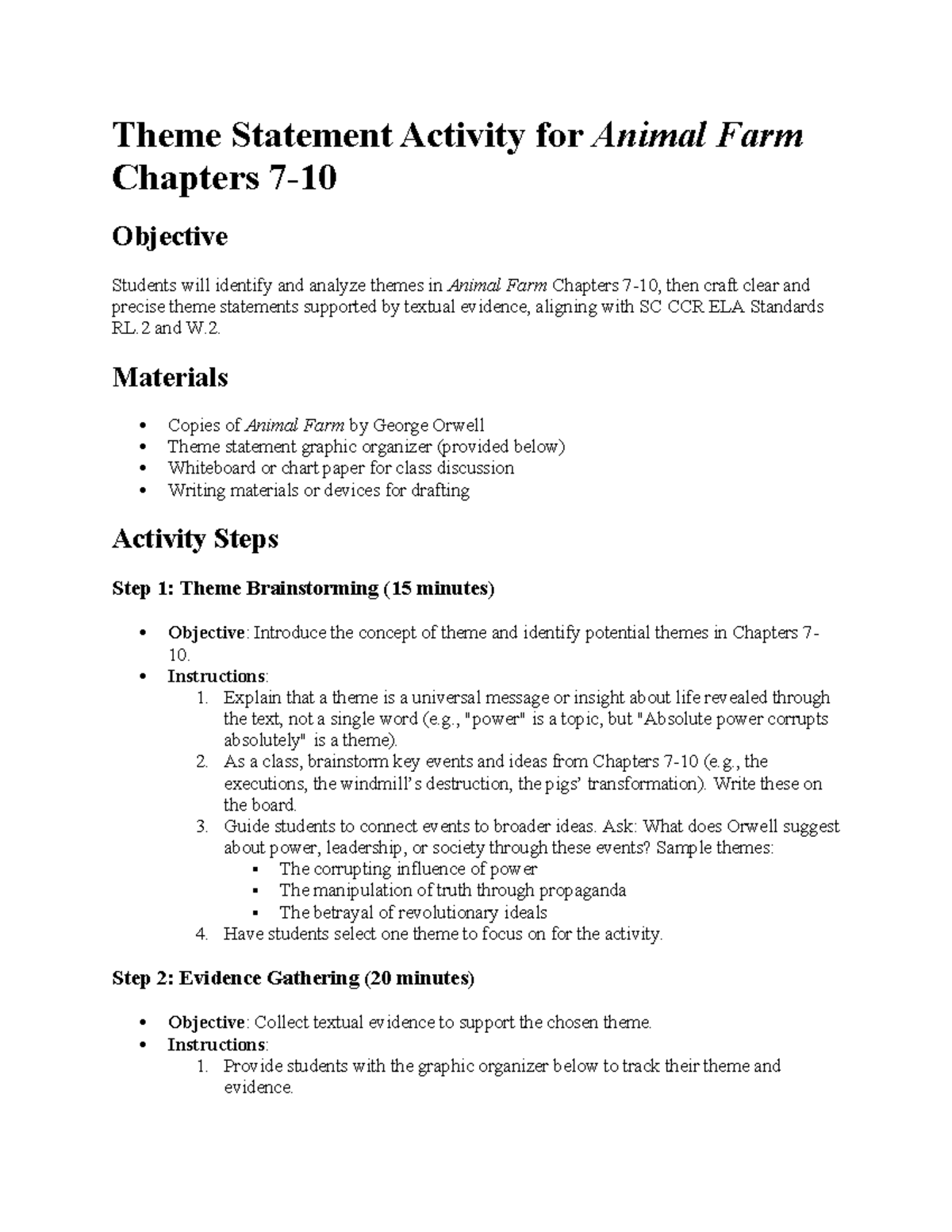 Theme Statement Activity for Animal Farm Chapters 7-10 - Studocu