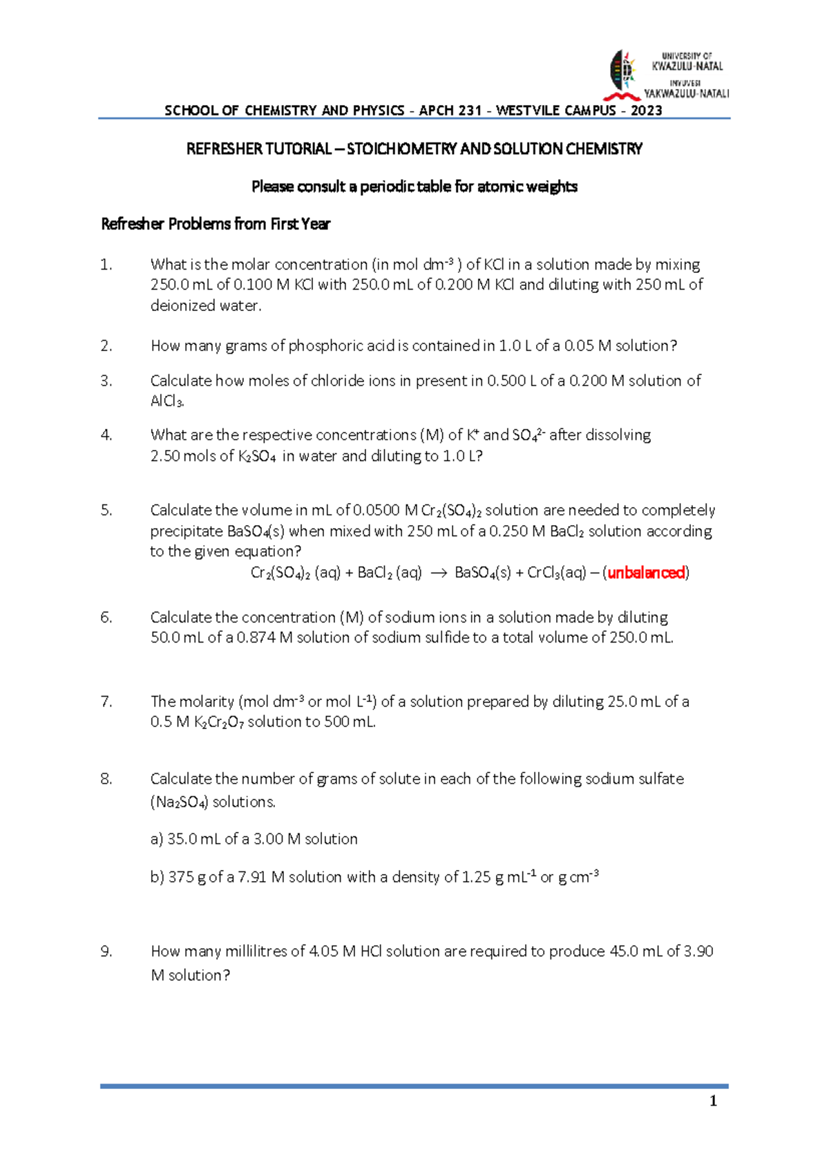 APCH 231 2023 Refresher Tutorial: Stoichiometry & Solution Chemistry ...