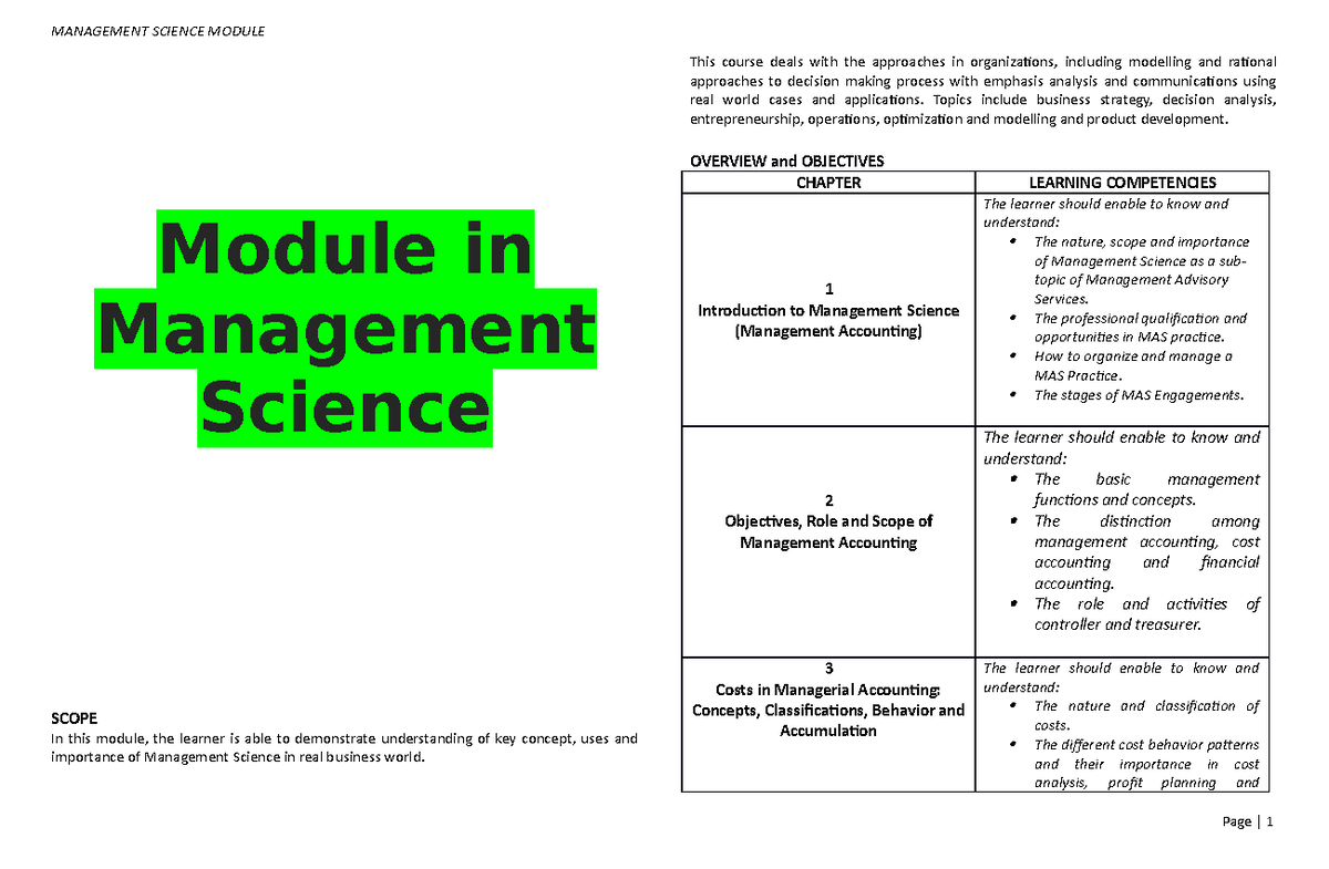 Chapter 1- Introduction - Module in Management Science SCOPE In this ...