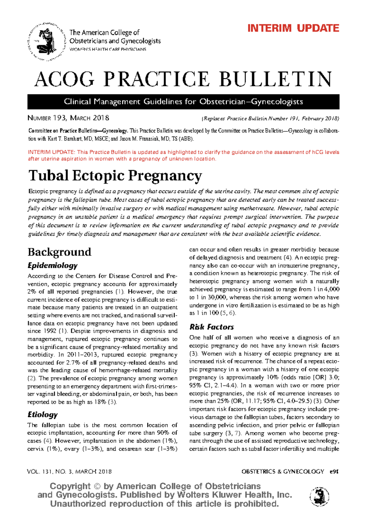 ACOG Practice Bulletin No. 193: Clinical Guidelines for Tubal Ectopic ...