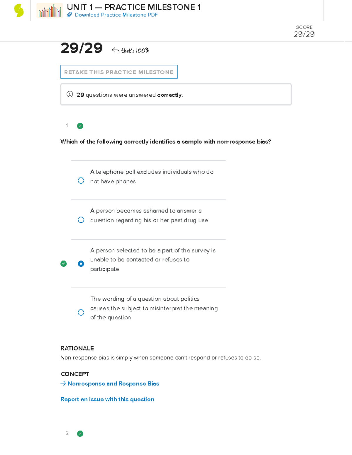 Stat Sophia STAT101 Unit 1 Practice Milestone 1 Results - Studocu