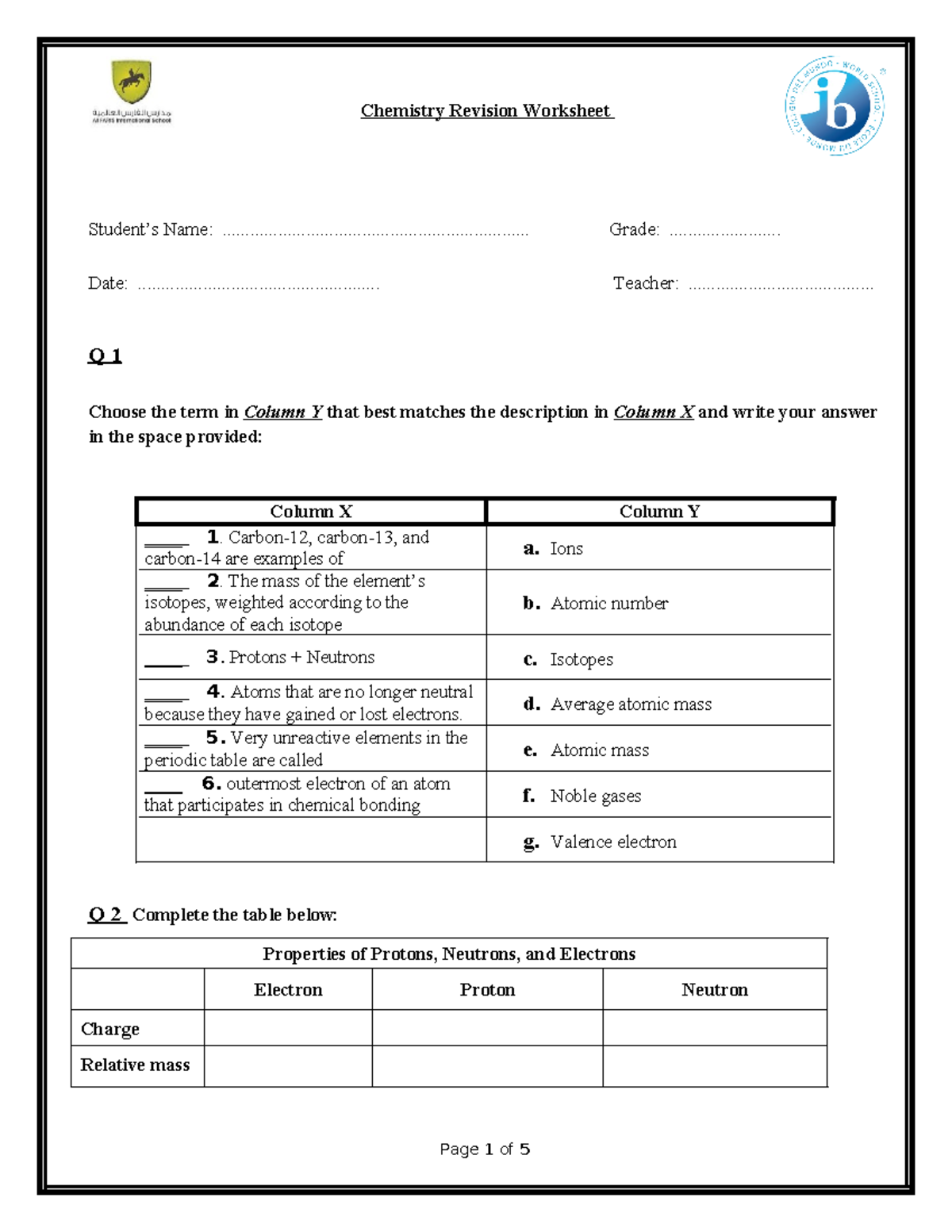 Grade 8 Final Exam Revision Worksheet - Chemistry Revision Worksheet ...